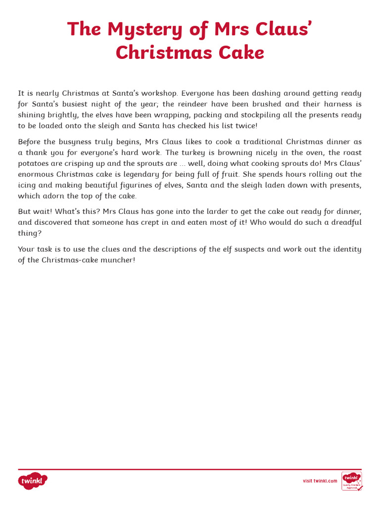 The Mystery of Mrs Claus Christmas Cake Maths Game | PDF | Santa Claus | Christmas