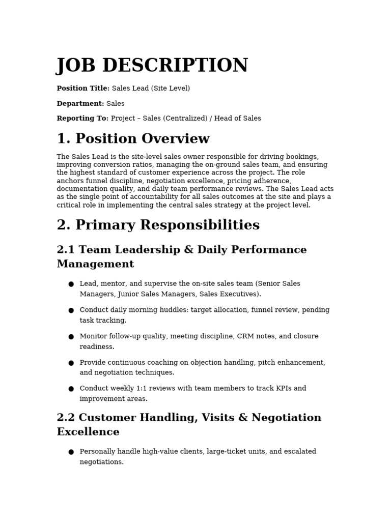Sales Lead Site Level JD | PDF | Customer Relationship Management ...
