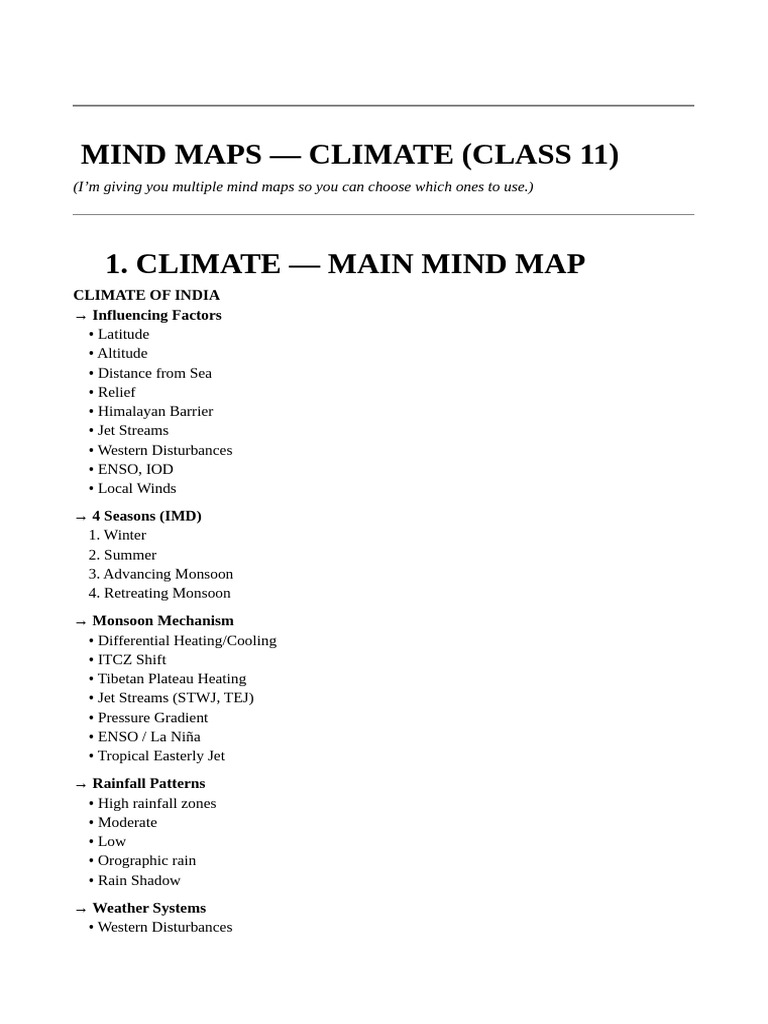 Climate Mind Maps and Summary (Diagrams) | PDF | Monsoon | Rain