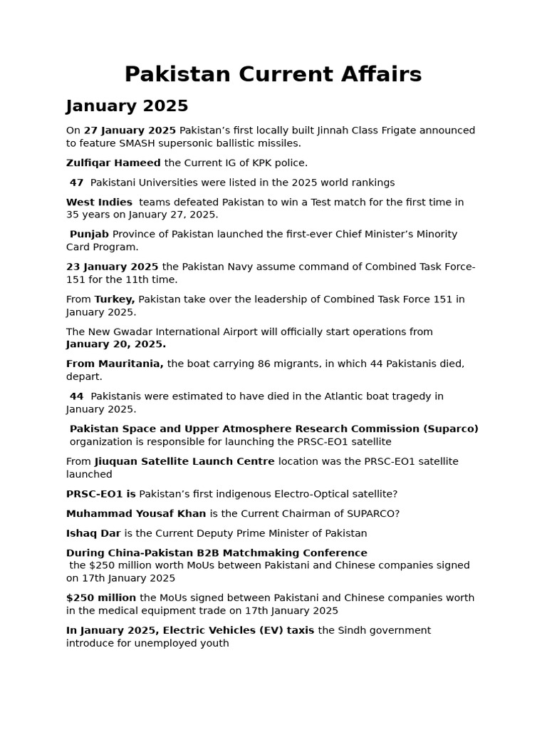 Pakistan Current Affairs January 2025 | PDF | Pakistan | Government Of ...
