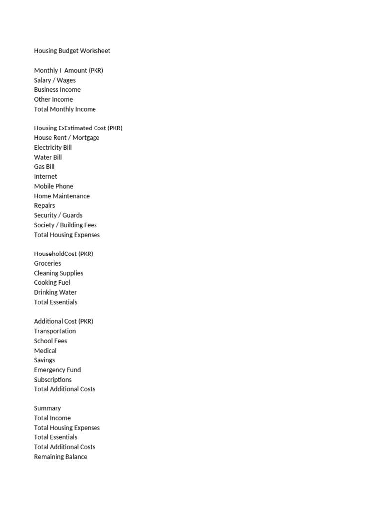 Housing Budget Worksheet | PDF