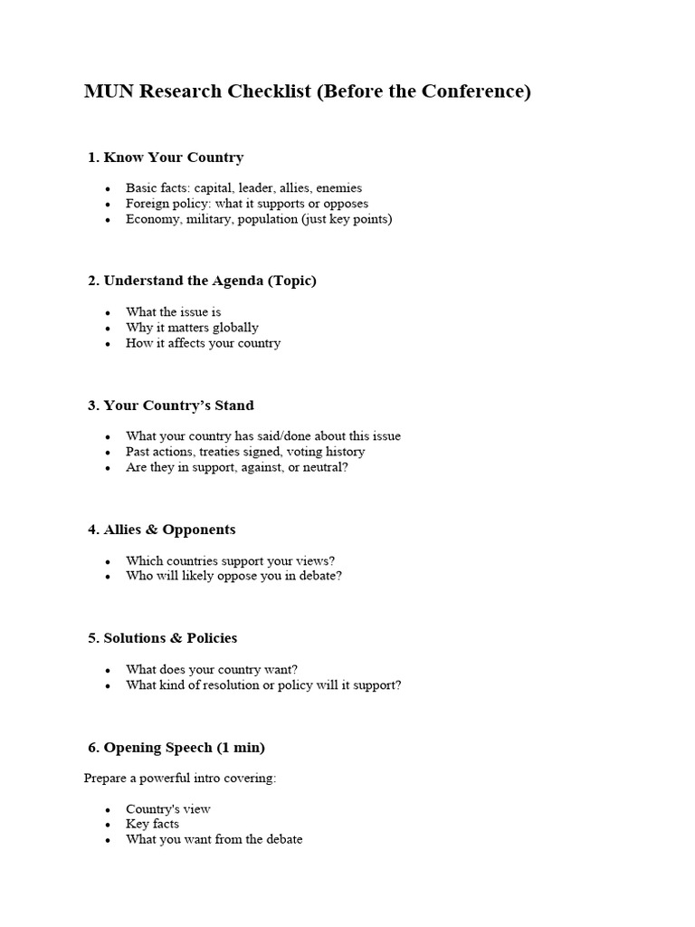 MUN Research Checklist for Delegates | PDF