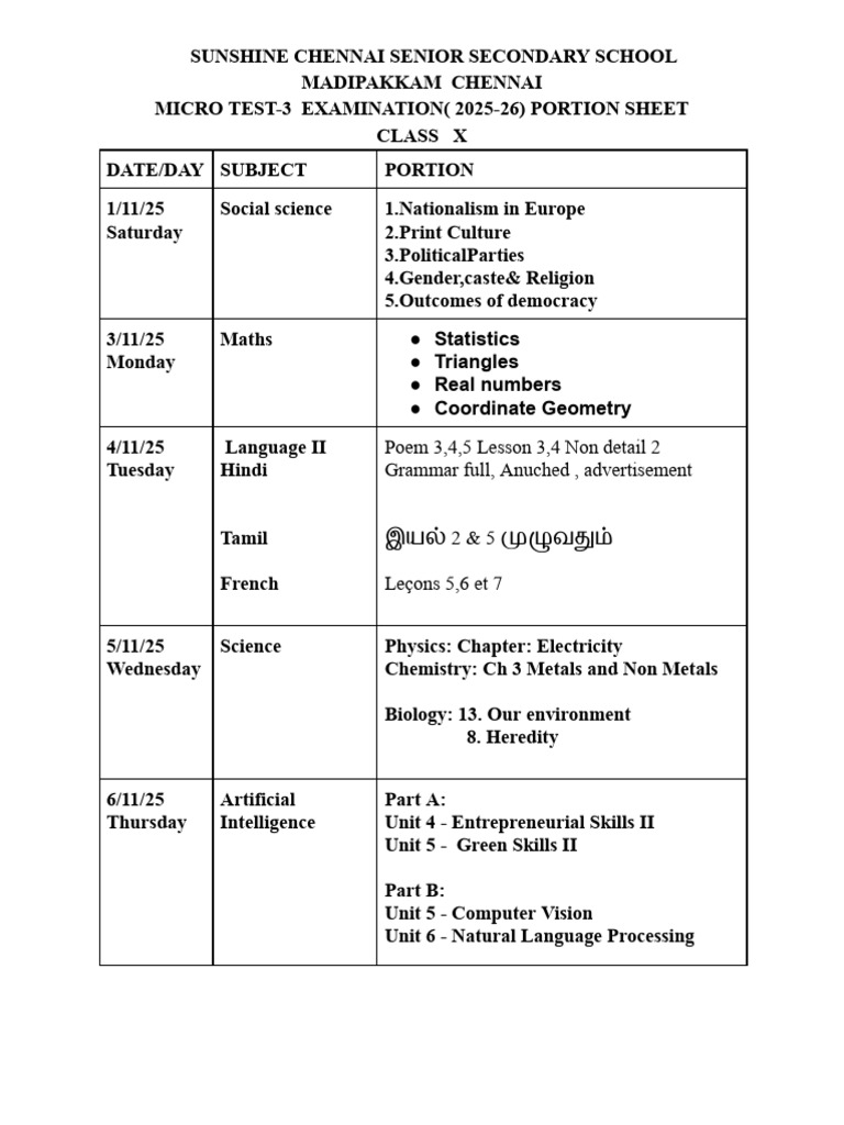 Class X Micro Test-3 Exam Portions | PDF