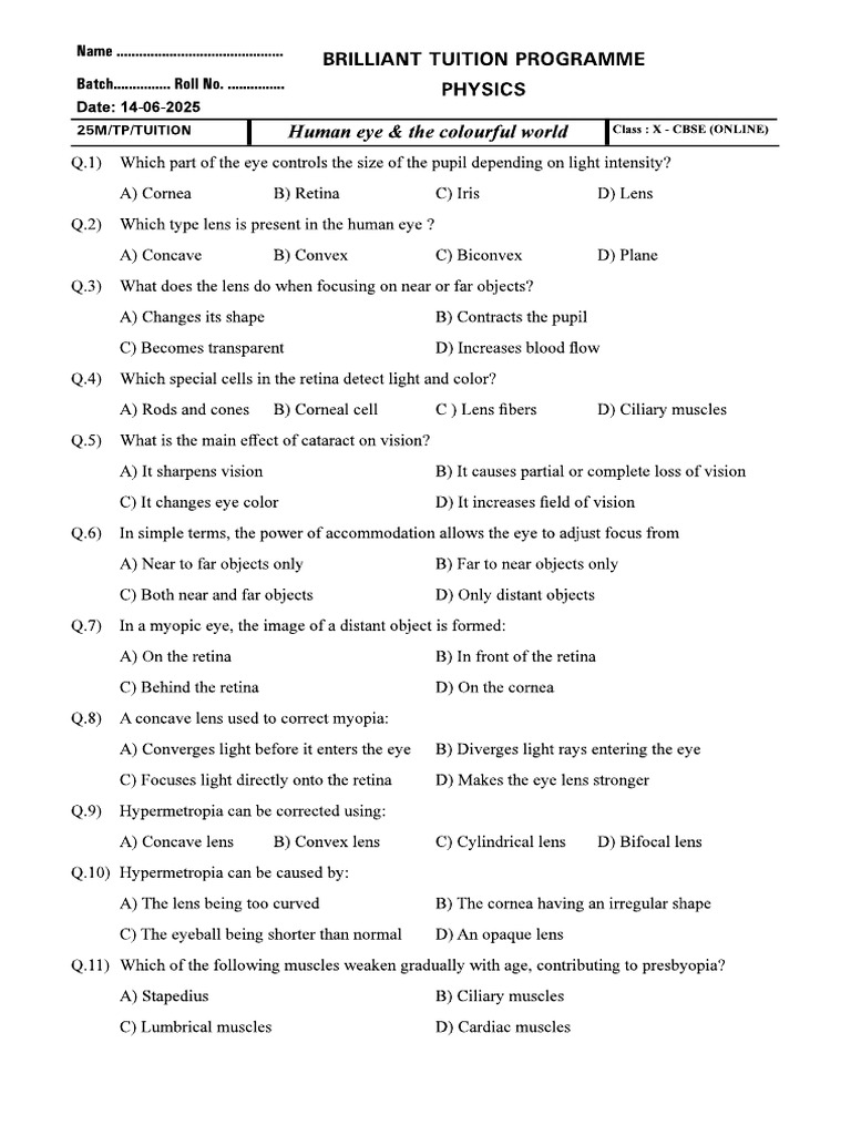 CLASS X (the Human Eye and the Colourful World) | PDF