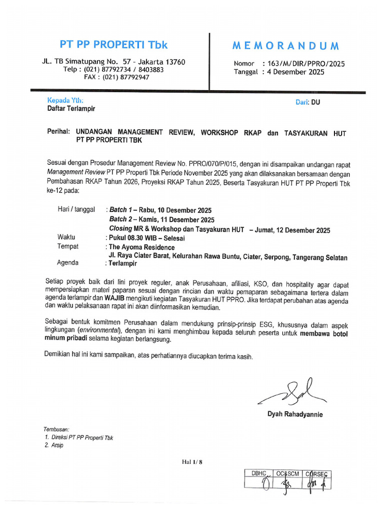 163 - Memo Undangan & Agenda MR PPRO Periode Nov 2025 & Workshop RKAP ...