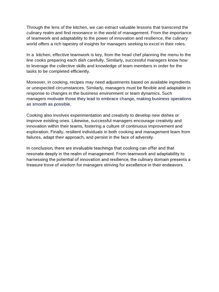 Management Lessons From Cooking | PDF