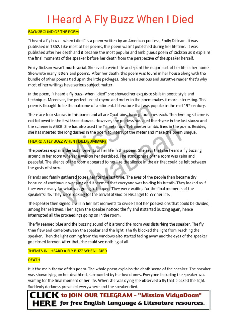 I Heard a Fly Buzz When I Died by Emily Dickinson | PDF | Poetry | Metaphor