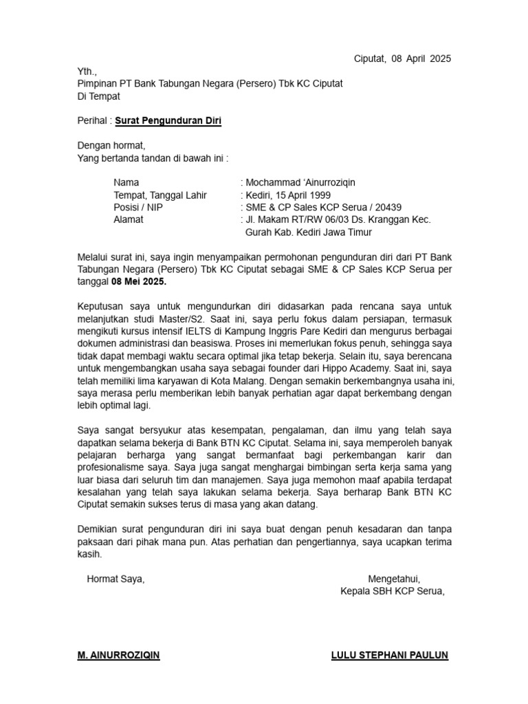 Surat Pengunduran Diri Mochammad Ainurroziqin | PDF