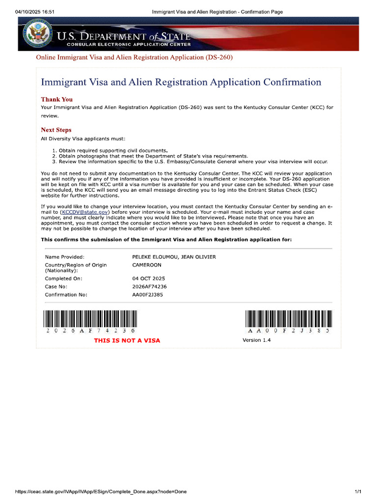 PELEKE Immigrant Visa and Alien Registration - Confirmation Page | PDF