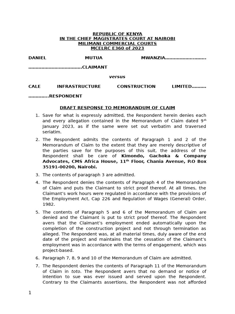 Draft Response to Employment Claim | PDF | Private Law | Justice
