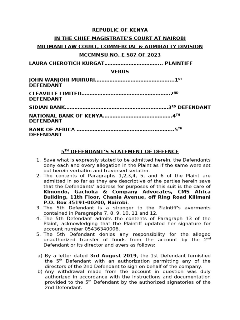 5th Defendant's Statement of Defence in Kenya | PDF | Common Law | Justice