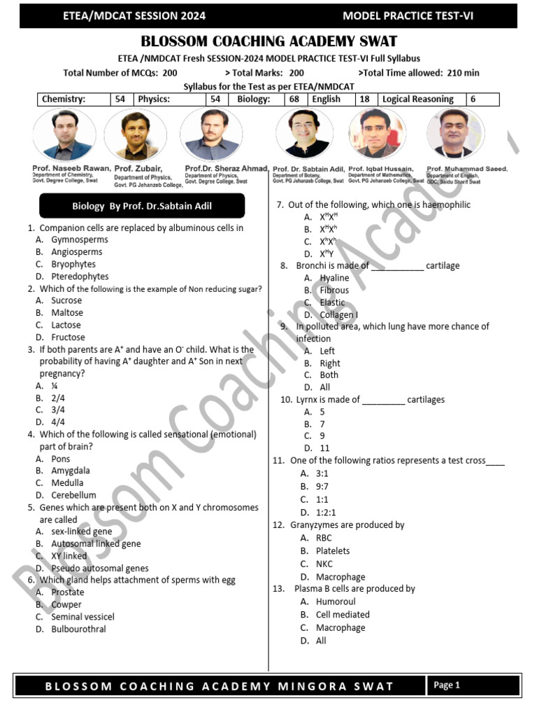 ETEA/NMDCAT 2024 Model Practice Test VI | PDF | Chemical Reactions ...