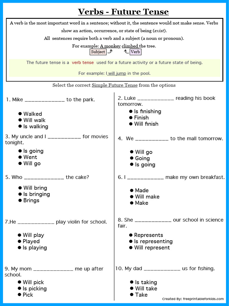 Simple Future Tense Exercises for Kids | PDF | Verb | Subject (Grammar)