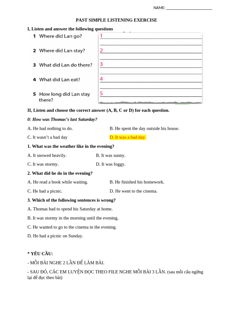 Past Simple Listening Exercise Guide | PDF