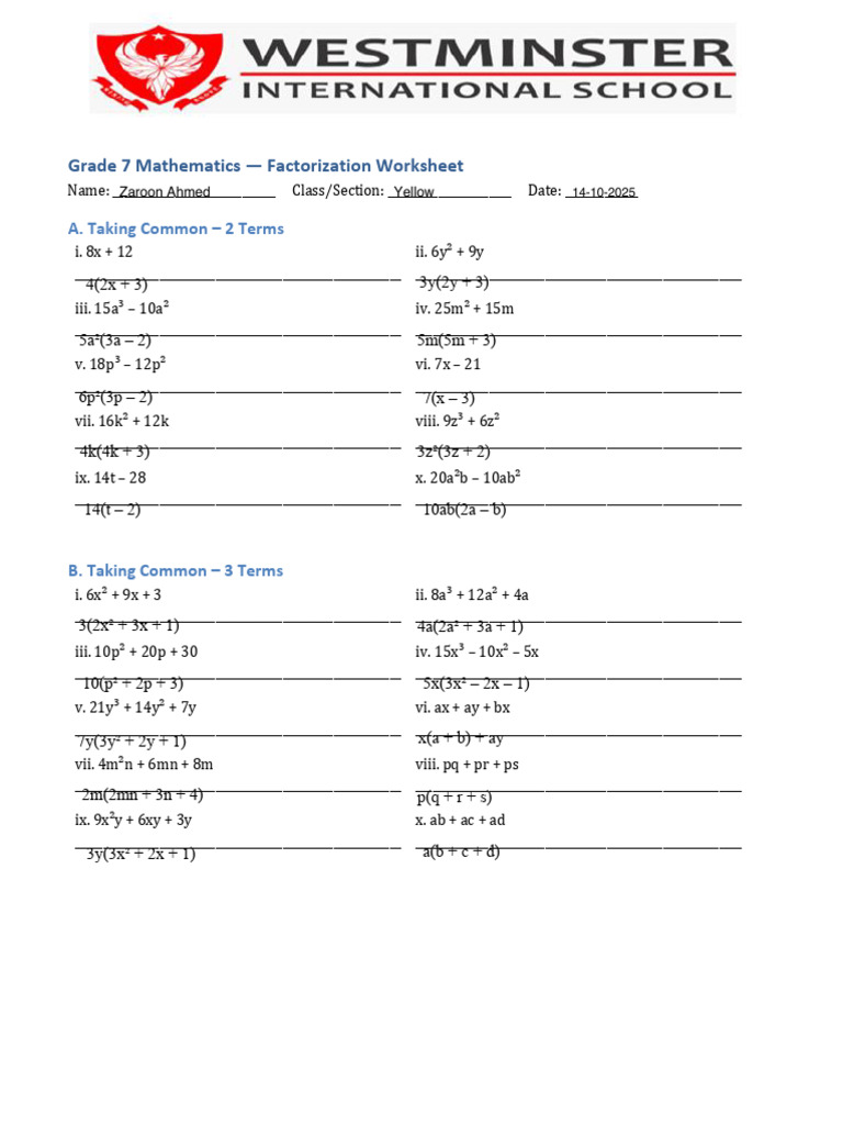 Grade 7 Factorization Worksheet | PDF