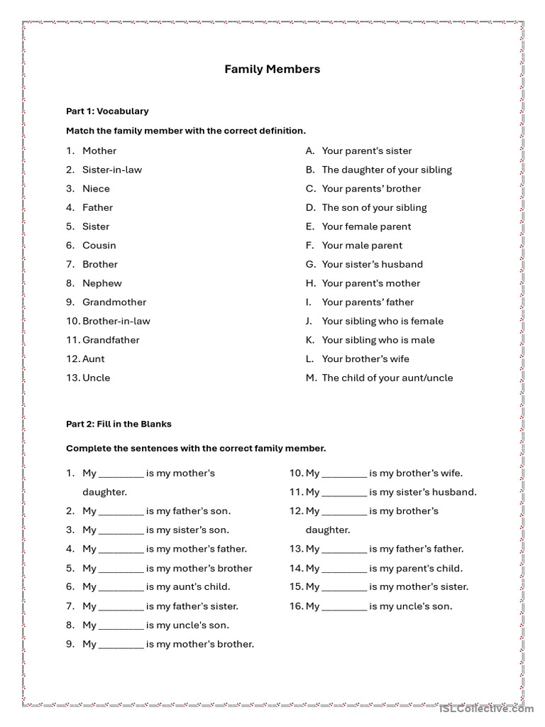 Family Members Worksheet | PDF | Chess Openings | Kinship And Descent