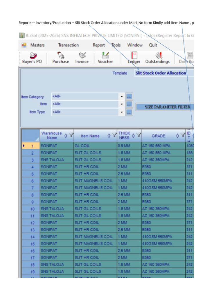 Reports - Inventory-Production - Slit Stock Order Allocation Under Mark ...