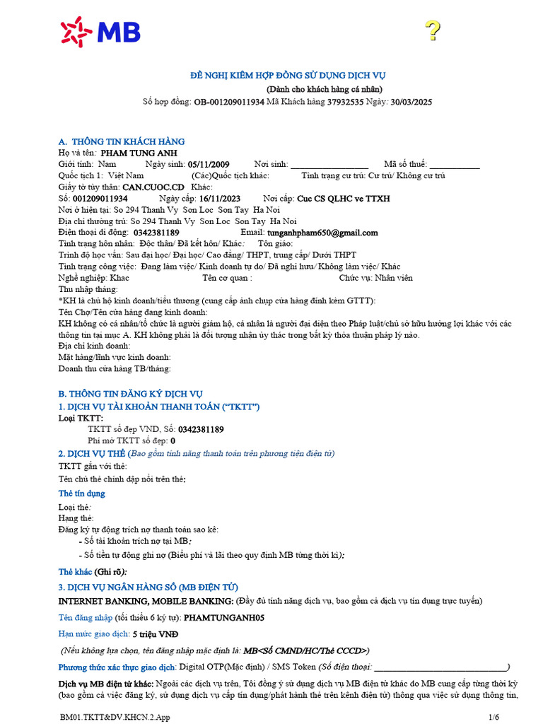 Hop Dong Su Dung Dich Vu Ngan Hang So Voi MB | PDF