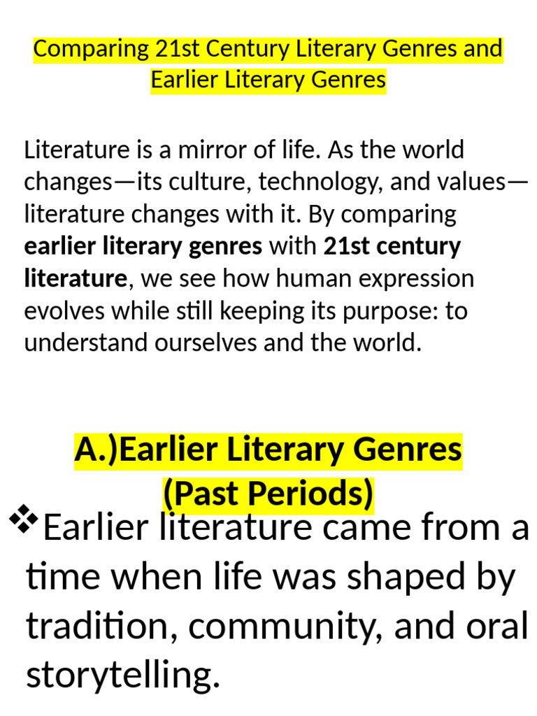 Comparing Literary Genres Presentation | PDF | Genre | Storytelling