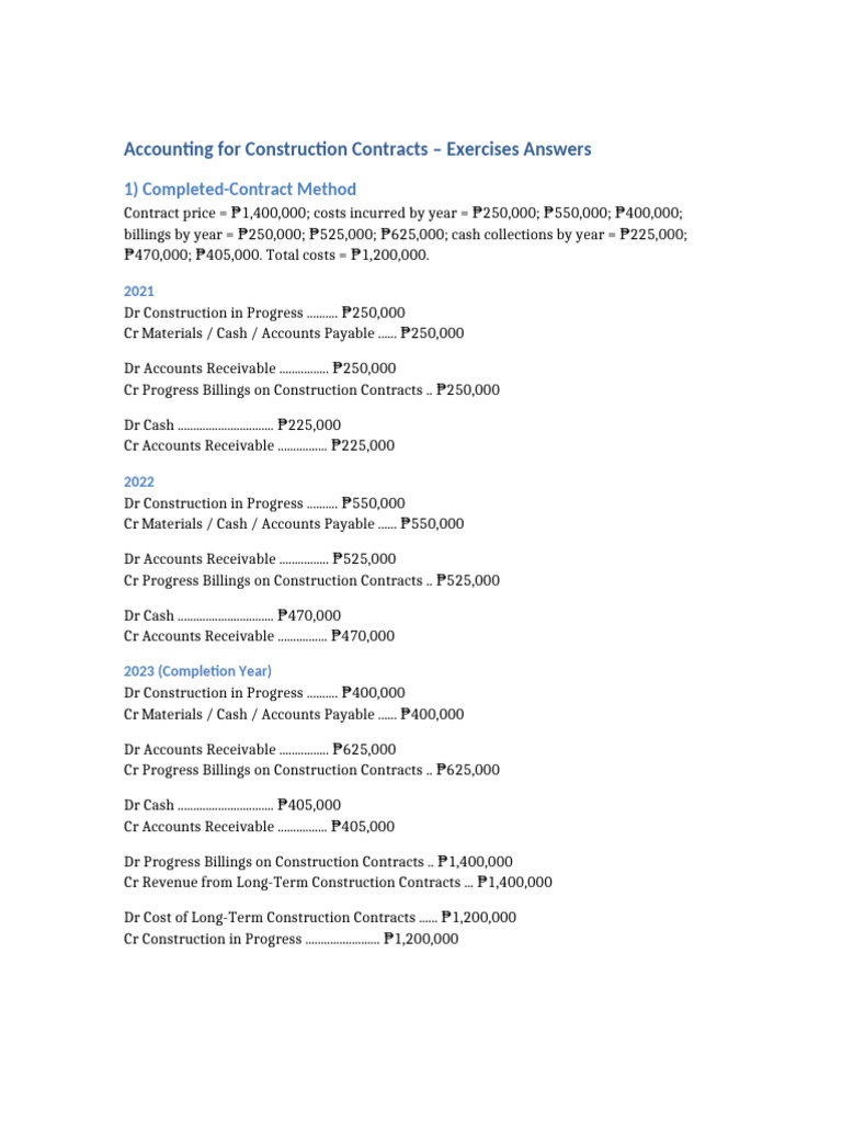 Construction Contracts Accounting Exercises | PDF | Revenue | Economies