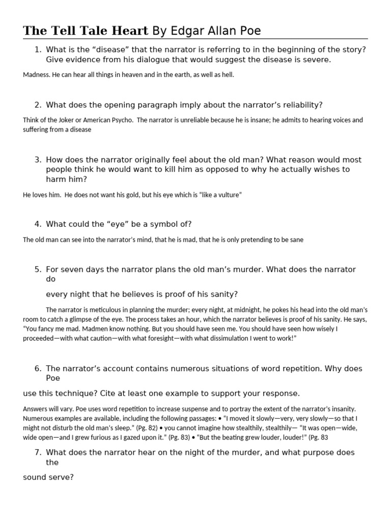 The Tell Tale Heart Questions and Answers by Edgar Allan Poe | PDF