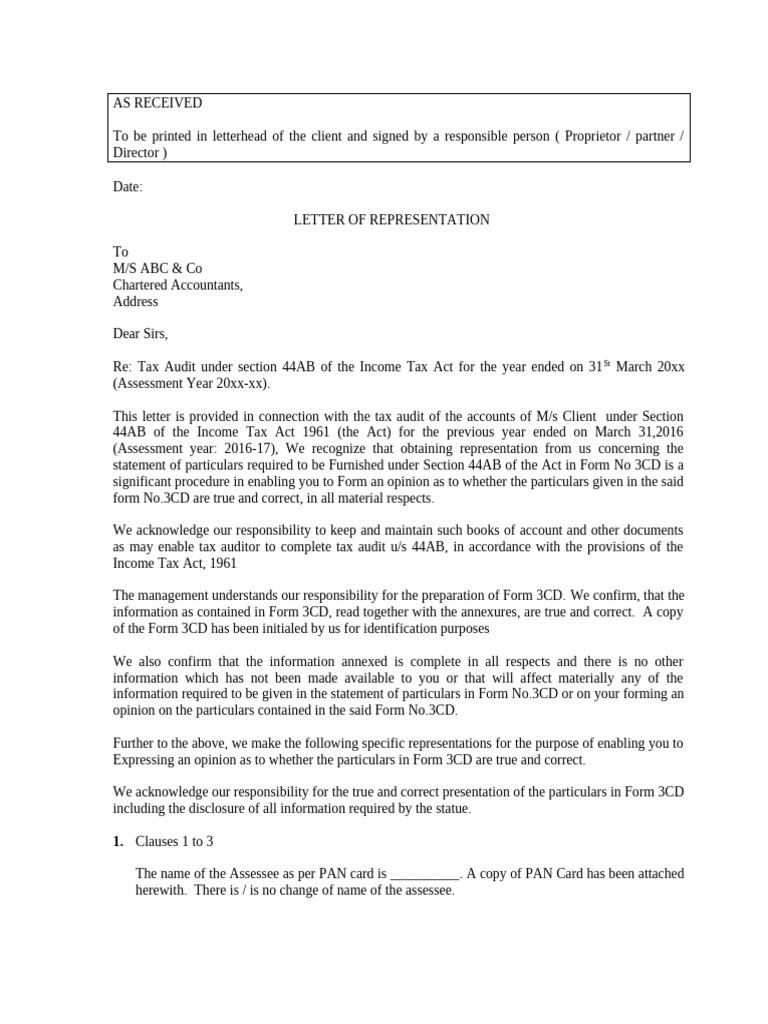 Tax Audit Representation Letter Template | PDF | Expense | Taxes