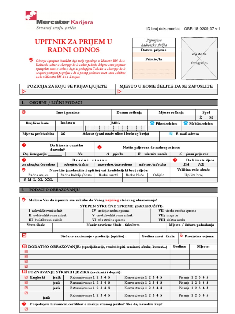 Prijava Za Posao Mercator Prazno | PDF