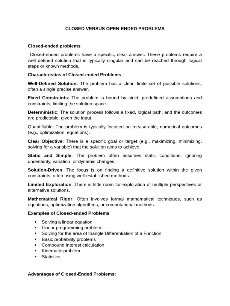 Closed vs Open-Ended Problems Explained | PDF | Mathematical ...