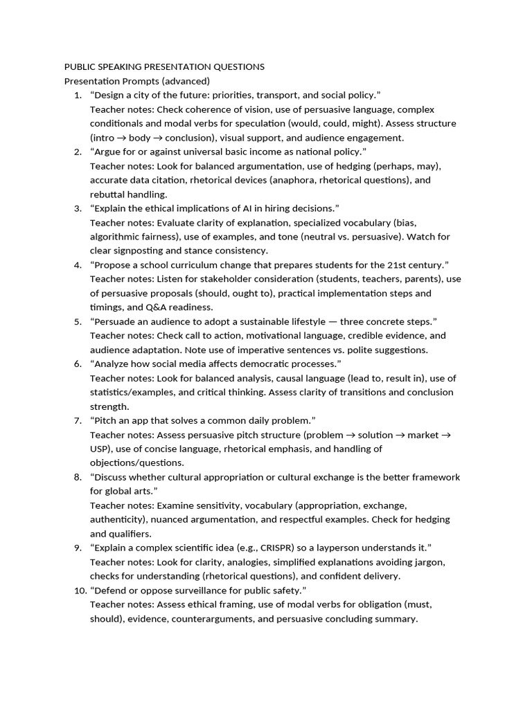 Advanced Public Speaking Prompts | PDF | Rhetoric | Public Speaking