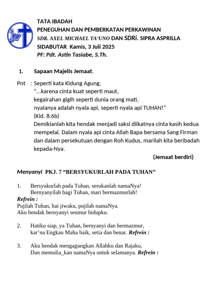 Liturgi Peneguhan Dan Pemberkatan Perkawinan 3 Juli 2024 | PDF