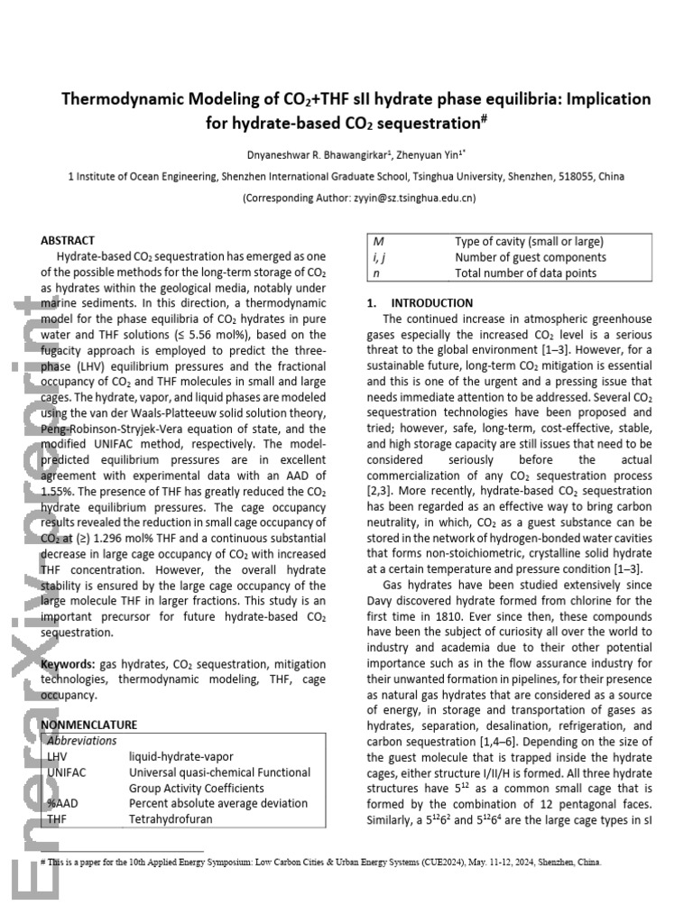 Thermodynamic Modeling of CO +THF sII Hydrate Phase Equilibria ...
