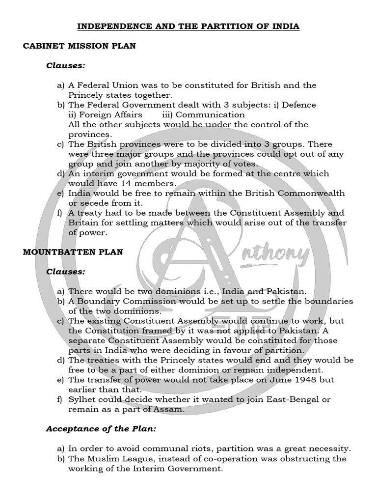 India Partition Plans: Cabinet & Mountbatten | PDF | Partition Of India ...