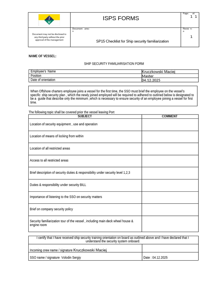 ISPS Form SP15 Ship Security Familiarization | PDF | Shipping | Water Transport