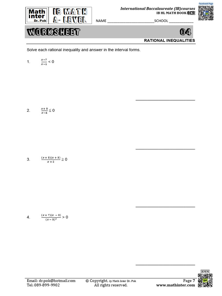 Rational Inequalities Worksheet for IB Math | PDF | Chess Openings ...