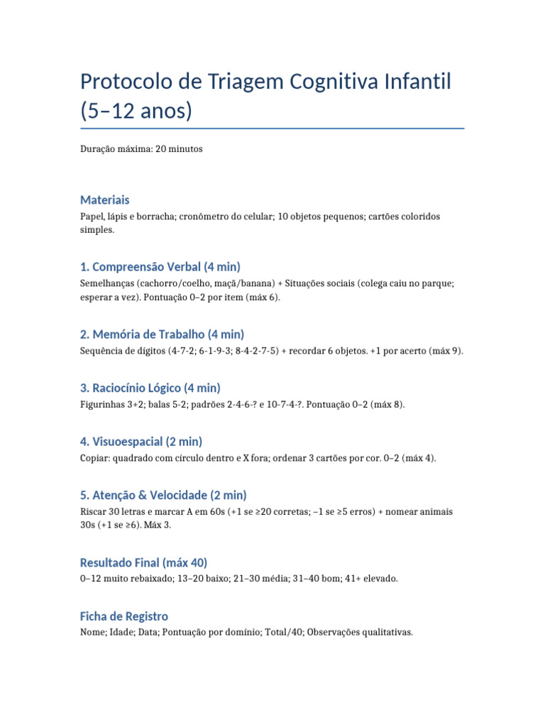 Triagem Cognitiva Infantil | PDF