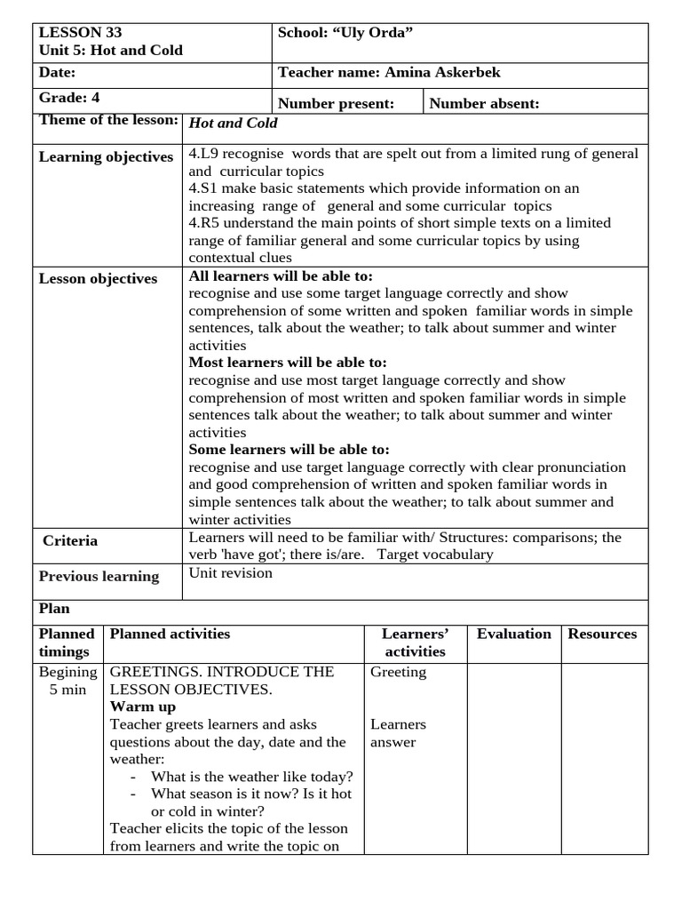 Weather Lesson Plans for Grade 4 | PDF | Second Language | Curriculum