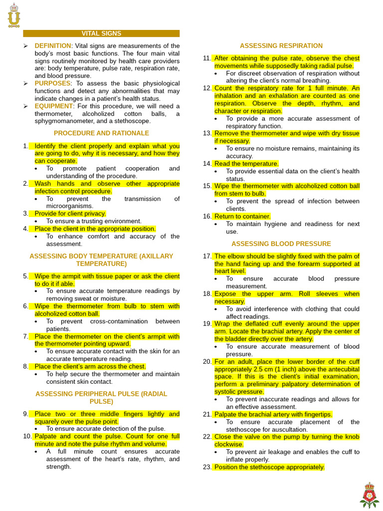 Vital Signs Assessment Procedure Guide | PDF | Blood Pressure | Medical ...