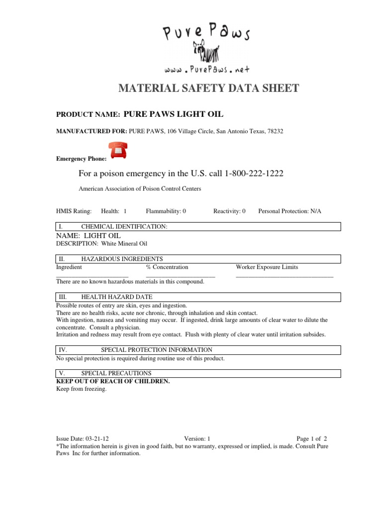 MSDS Light Oil 03.21.12 | PDF | Chemistry | Safety
