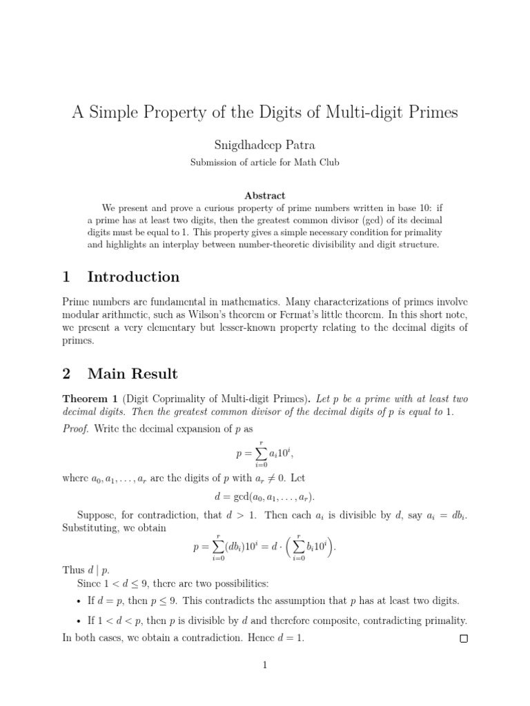 Digit GCD Property of Multi-digit Primes | PDF | Prime Number | Mathematics