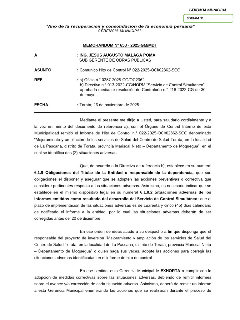 Sub Gerencia de Obras (Hito de Control 022-2025-Oci) Memo 653 | PDF