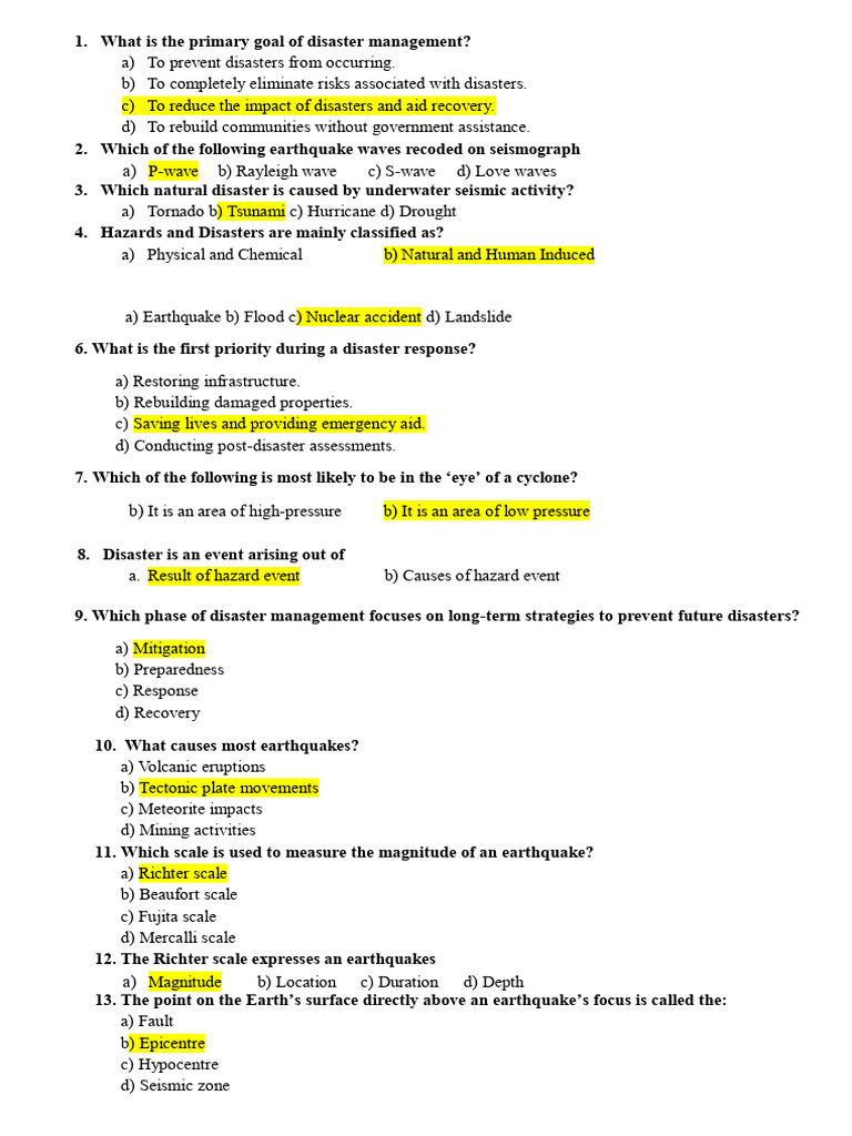 Disaster Management Practice Questions | PDF | Natural Disasters ...