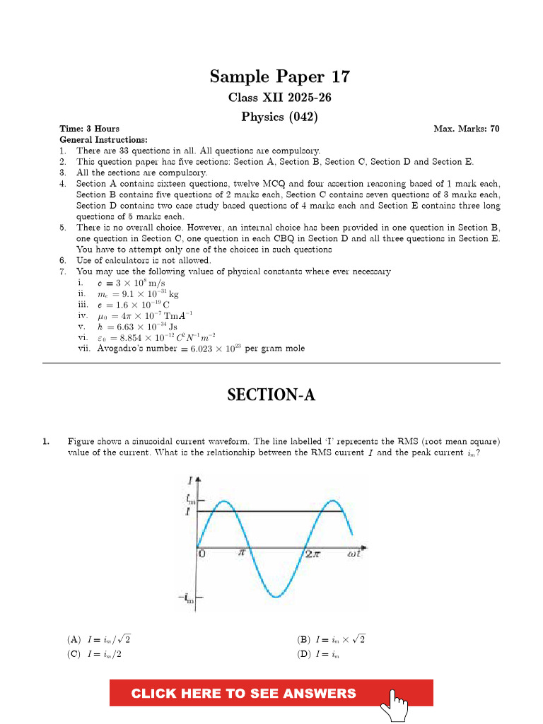 Class 12 Physics Sample Paper 17 | PDF | Light | Capacitor