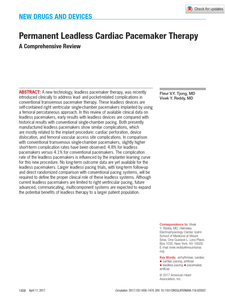 Tjong Reddy 2017 Permanent Leadless Cardiac Pacemaker Therapy | PDF ...