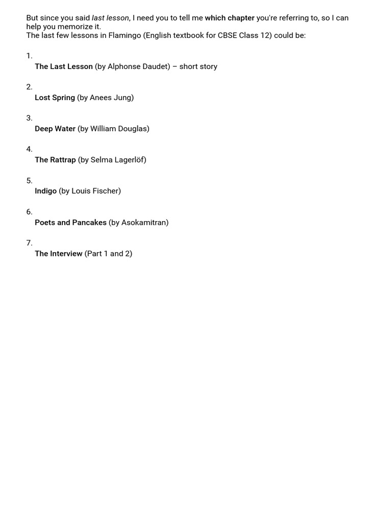 CBSE Class 12 Flamingo Lessons Overview | PDF