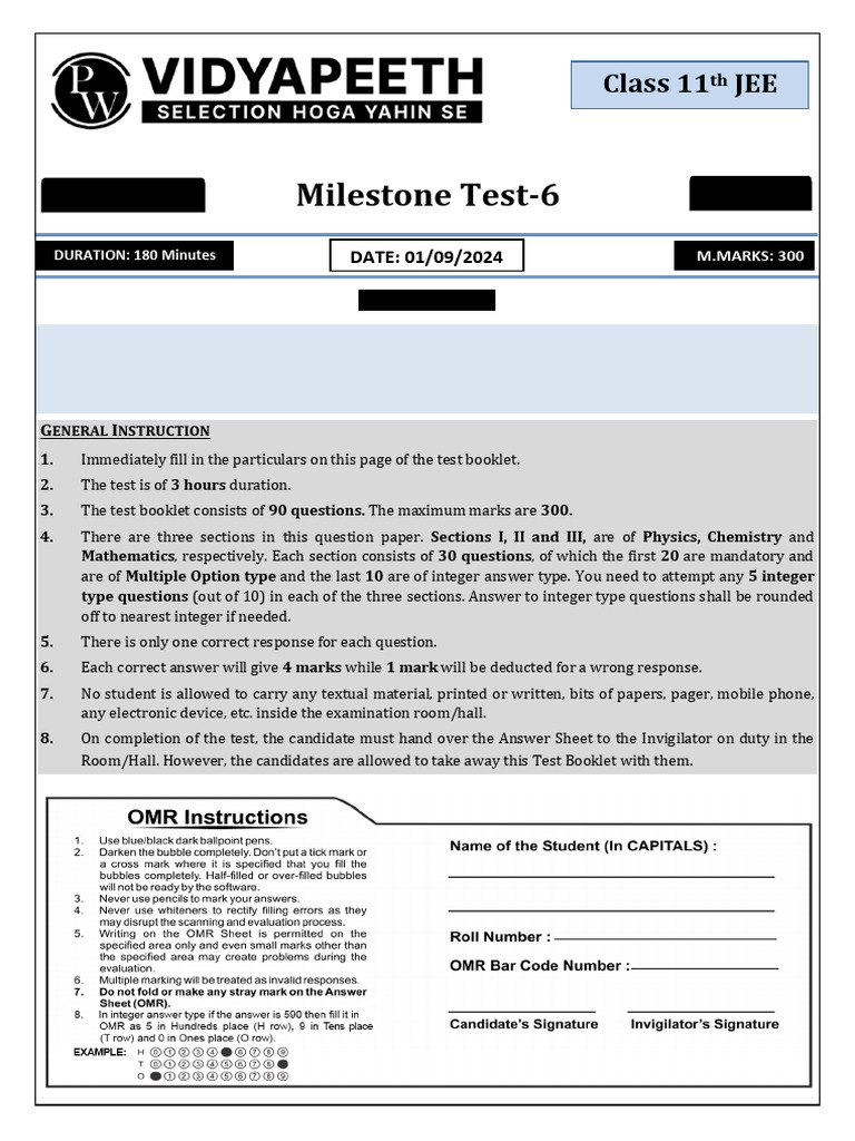Mile 01-Sep-2024 11th JEE Main Part Test PHASE-1 KPM MODEL Test-6 ...