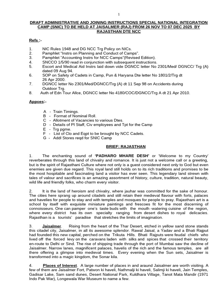 SNIC Camp Instructions for Jaisalmer 2025 | PDF
