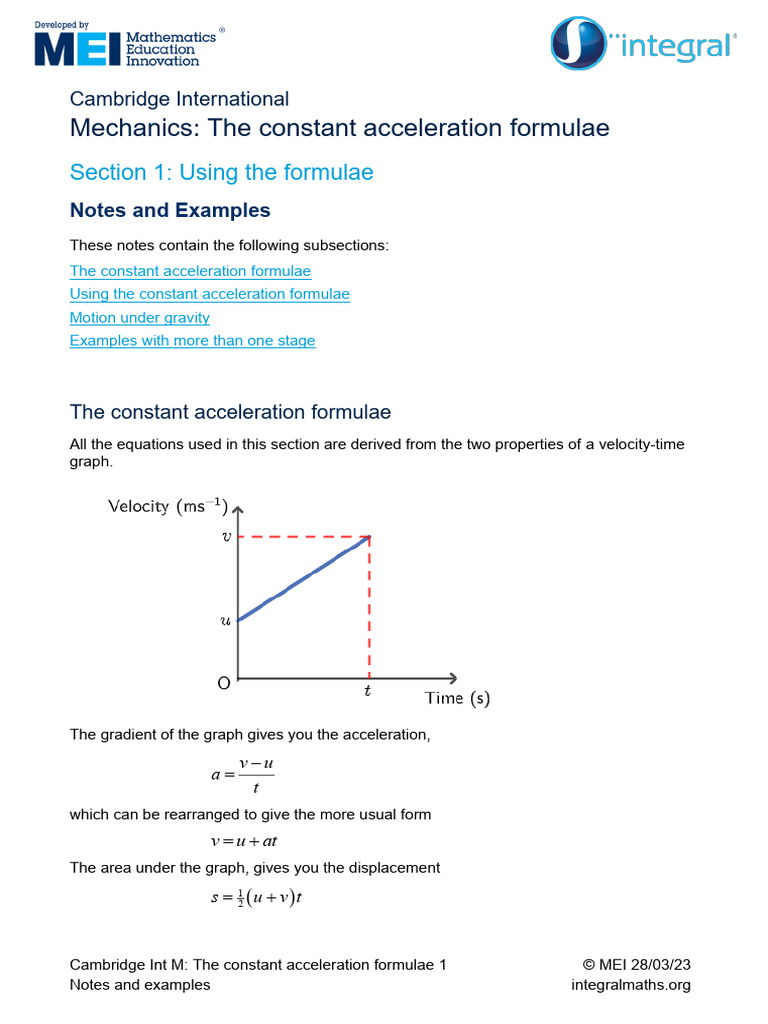 Mechanics Constant Acceleration Formulae 1 | PDF | Acceleration | Velocity