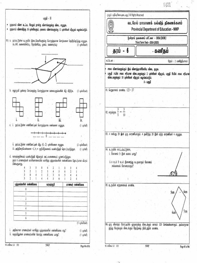 Grade 06 Maths TM Paper NWP 2024 Past Papers Wiki | PDF