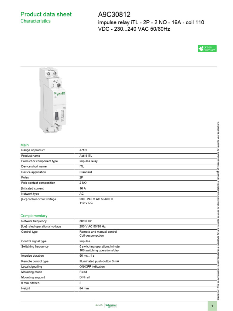 Impulse Relay ITL - 2P - 2 NO - 16A - Coil 110 VDC - 230... 240 VAC ...