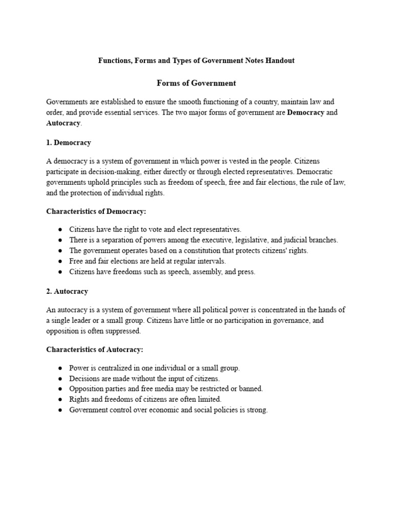 Functions, Forms and Types of Government Notes Handout | PDF | Taxes ...